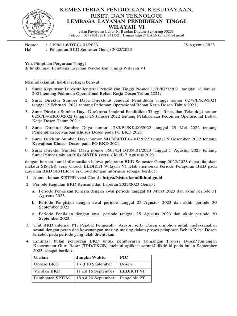 Pelaporan BKD Dosen Semester Genap 2023 | PDF