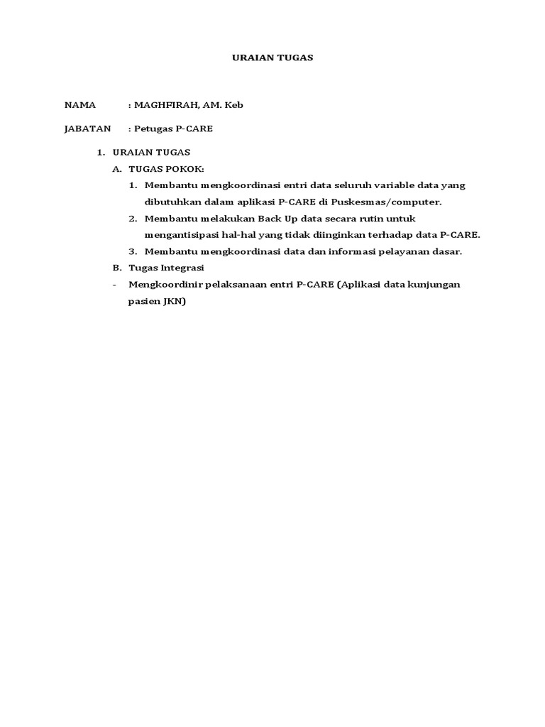 Uraian Tugas P-Care | PDF