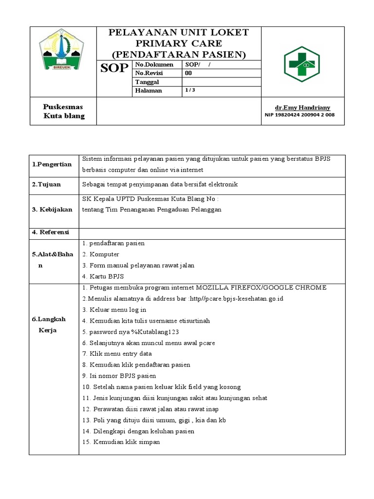 SOP Pendaftaran Pasien BPJS | PDF