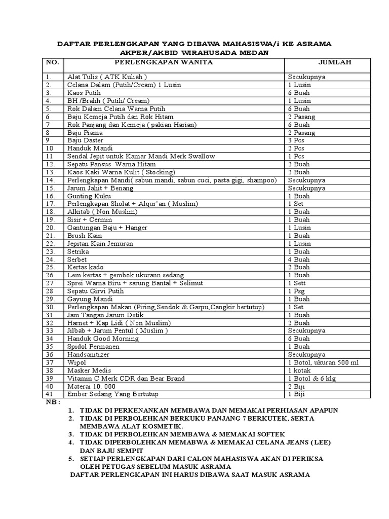 Perlengkapan Masuk Asrama 2023 | PDF