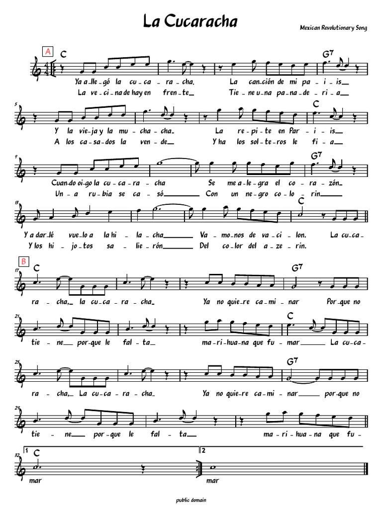 La Cucaracha Lead Sheet With Spanish Lyrics | PDF