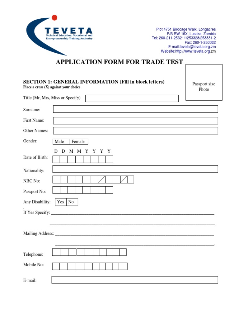 Application Form For Trade Test: SECTION 1: GENERAL INFORMATION (Fill ...