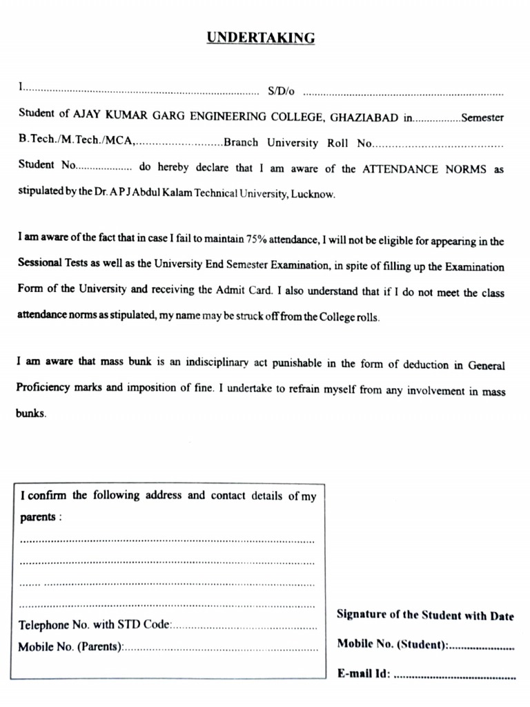 Akgec Student Undertaking | PDF