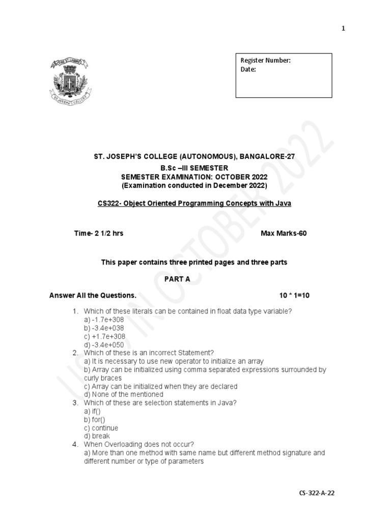 CS322 - Object Oriented Programming Concepts With Java - UG - 1st Sem-Dec-2022 | PDF | Class ...