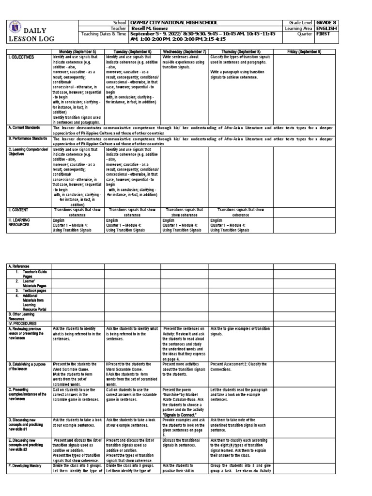 English DLL Transition Signals | PDF | Learning | Teachers