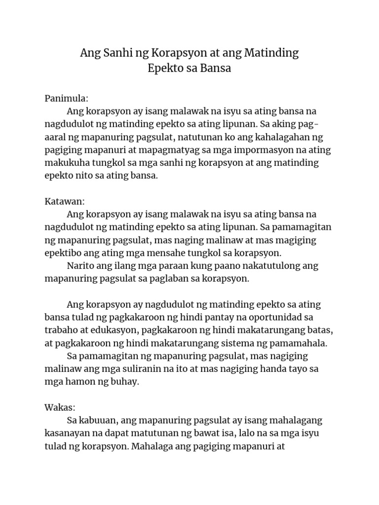 Ang Sanhi NG Korapsyon at Ang Matinding | PDF