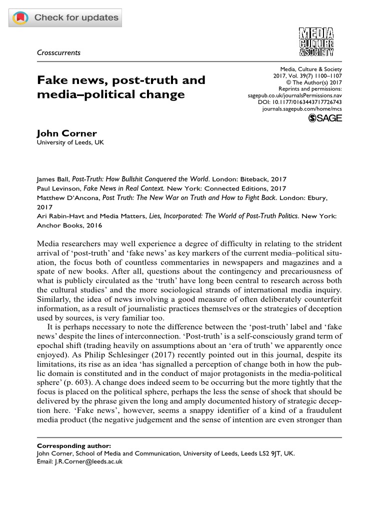 Fake News, Post-Truth and Media-Political Change | Download Free PDF | News