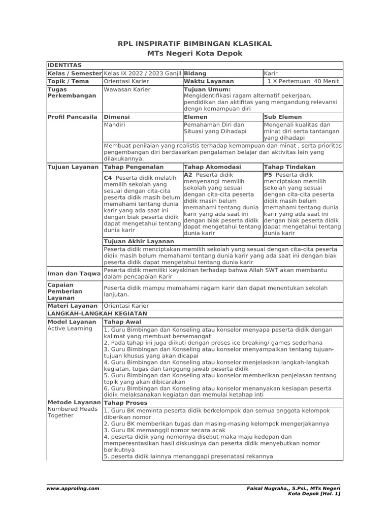 RPL Inspiratif Bimbingan Klasikal Mts Negeri Kota Depok | PDF
