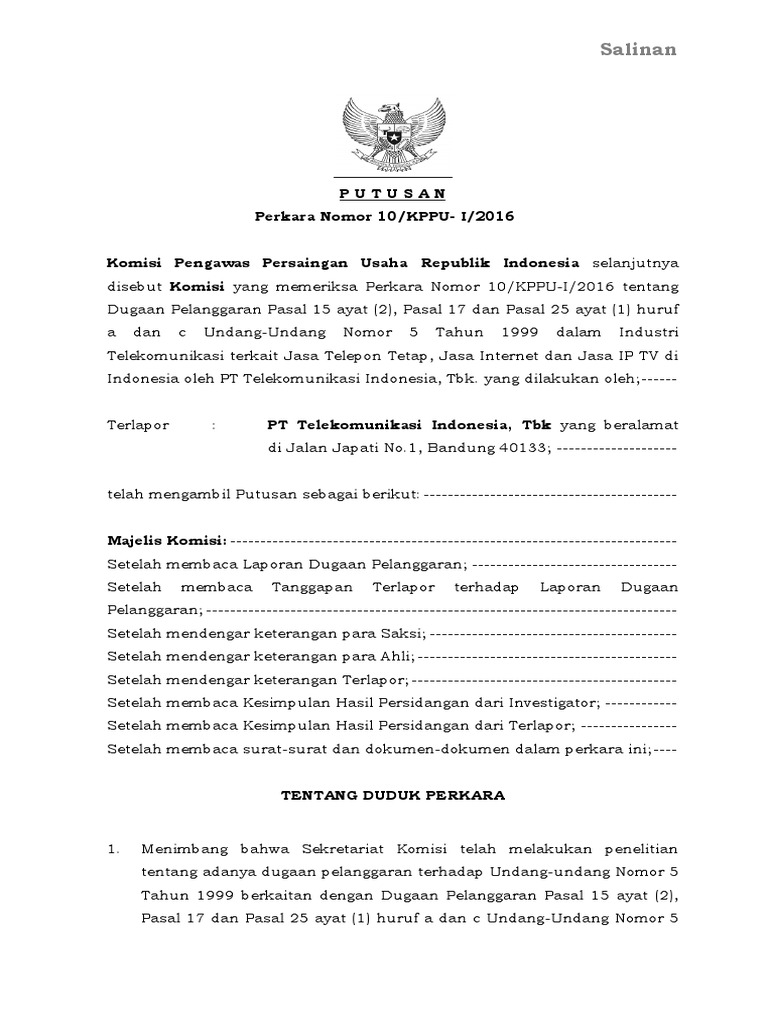 Putusan Perkara KPPU Nomor 10 Tahun 2016 | PDF