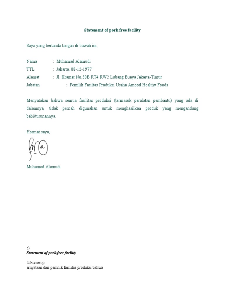 Statement of Pork Free Facility | PDF
