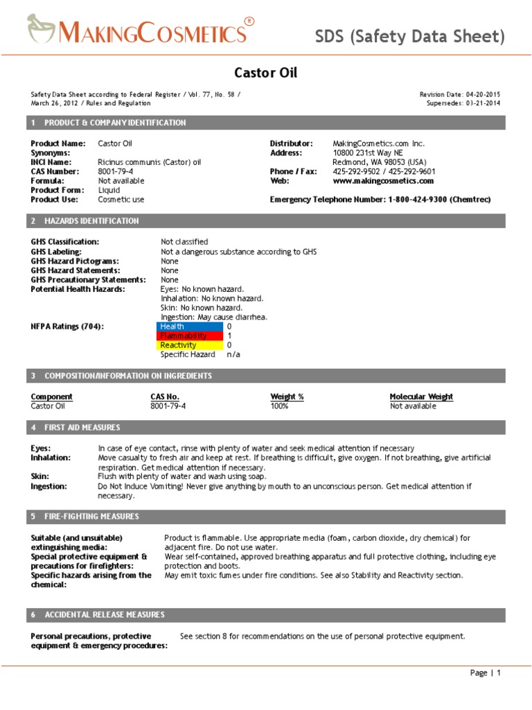 Sds Castor Oil | PDF | Dangerous Goods | Occupational Safety And Health