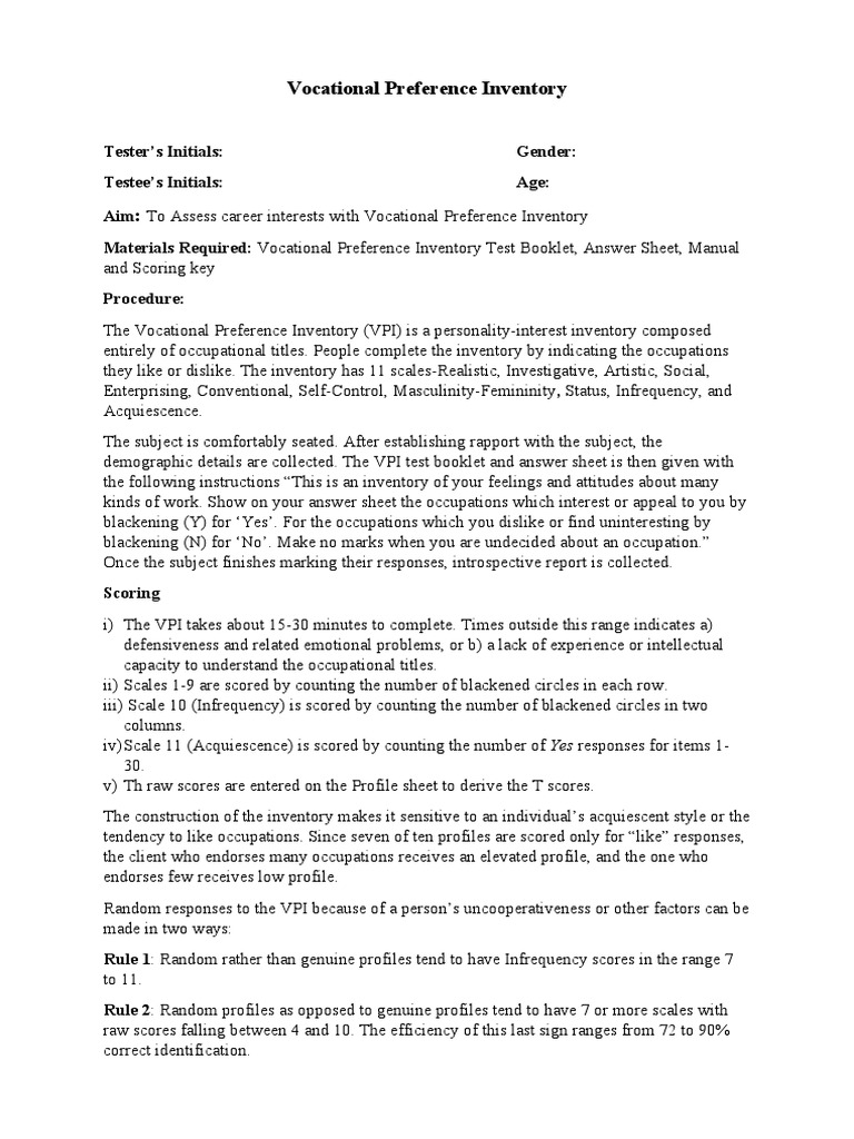 VPI Table | Download Free PDF | Psychology | Psychological Concepts