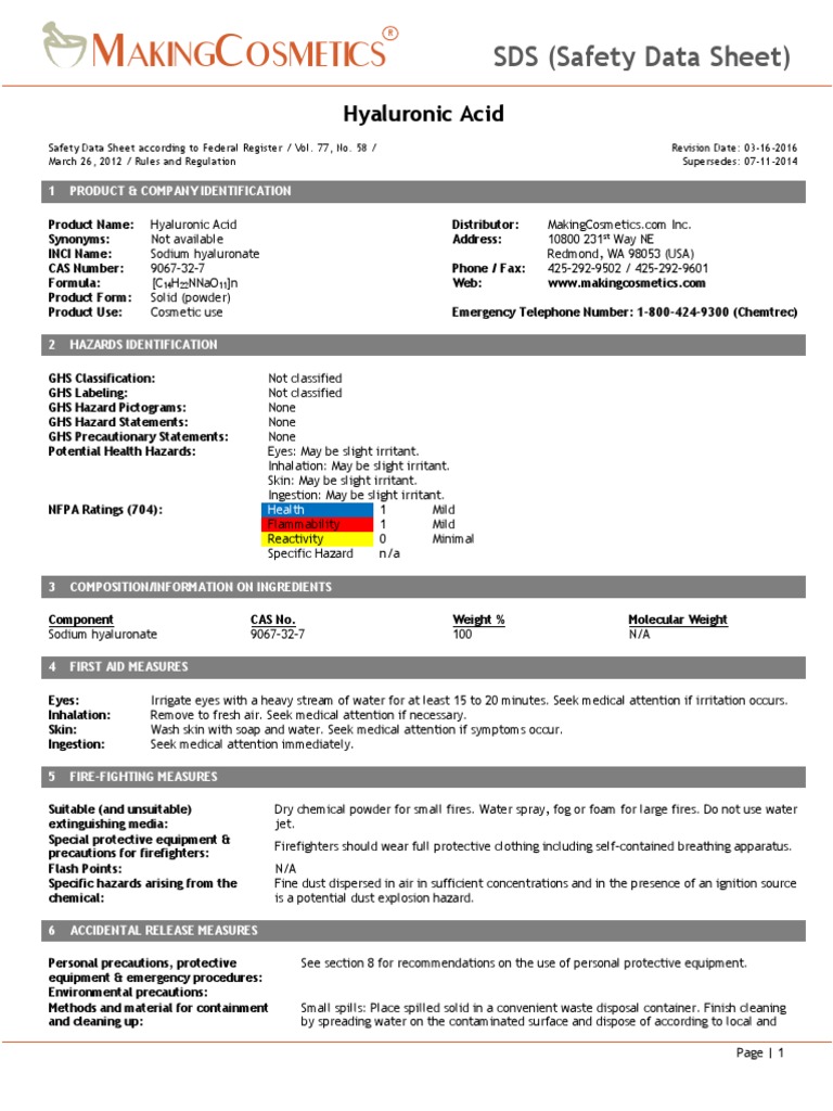 Sds Hyaluronic Acid | PDF | Dangerous Goods | Toxicity
