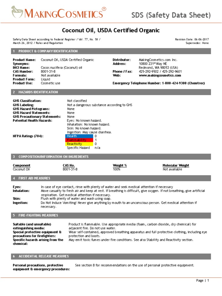 Sds Coconut Oil Organic | PDF | Dangerous Goods | Physical Sciences