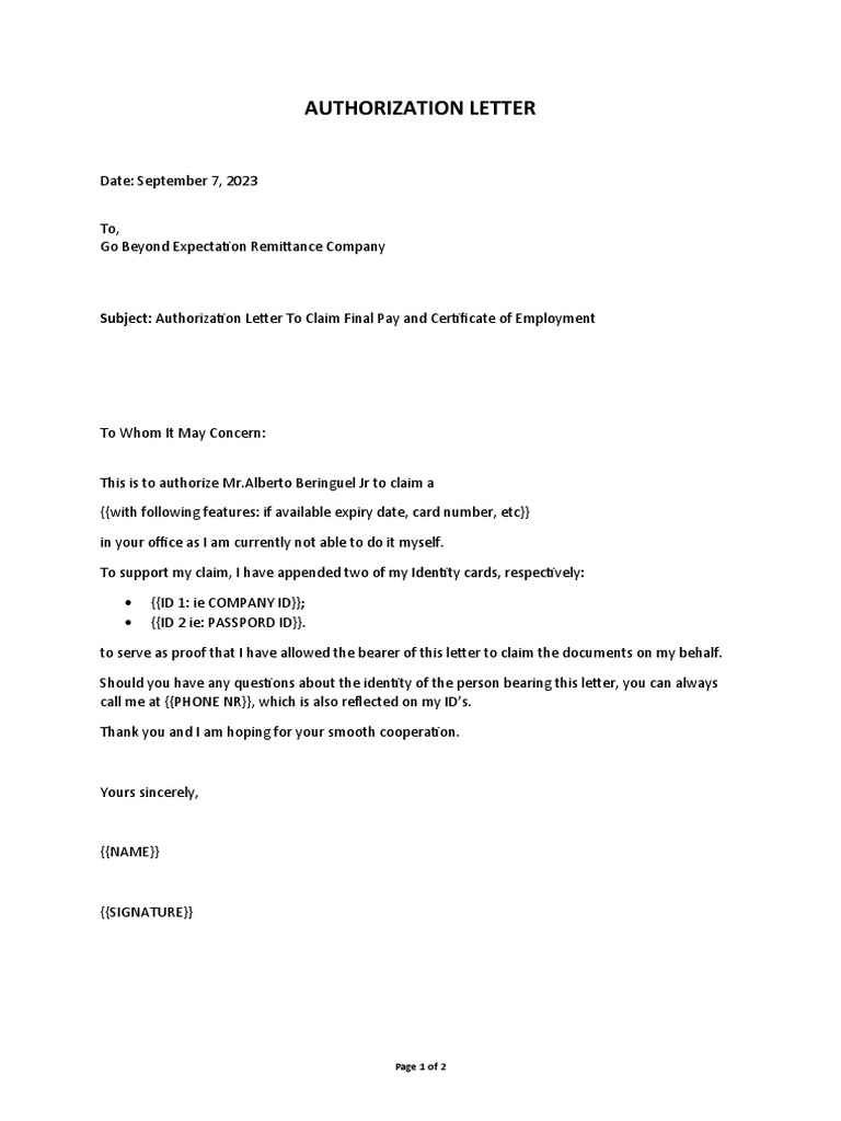 Authorization Letter for ID Claim | PDF | Business | Finance & Money ...
