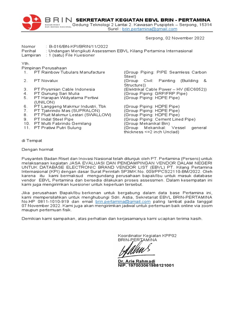 Surat Vendor Baru Assessment EBVL | PDF