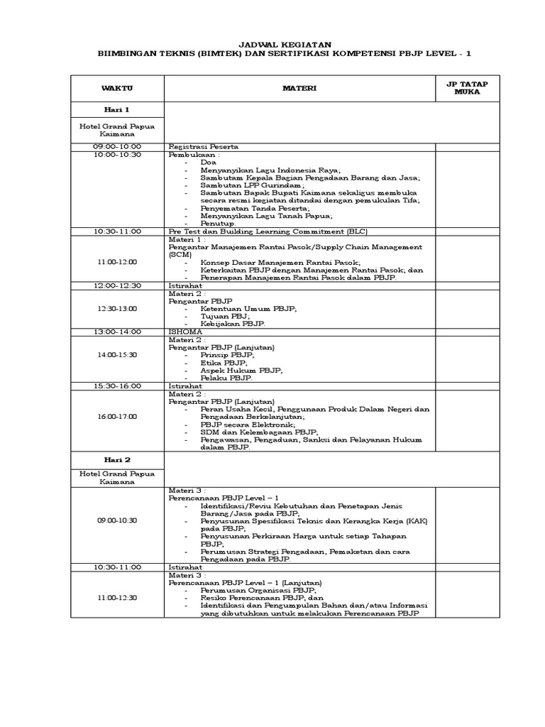 Data Jadwal Kegiatan Bimtek Dan Sertifikasi Kempetensi Level - 1 ...