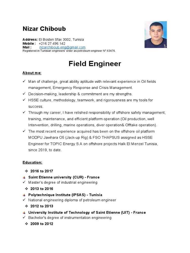 CV Engineer Nizar Chiboub 2023 | PDF | Offshore Drilling