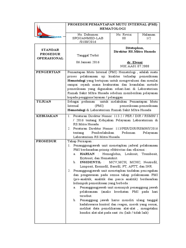 Prosedur PMI Hematologi RS Mitra Husada | PDF