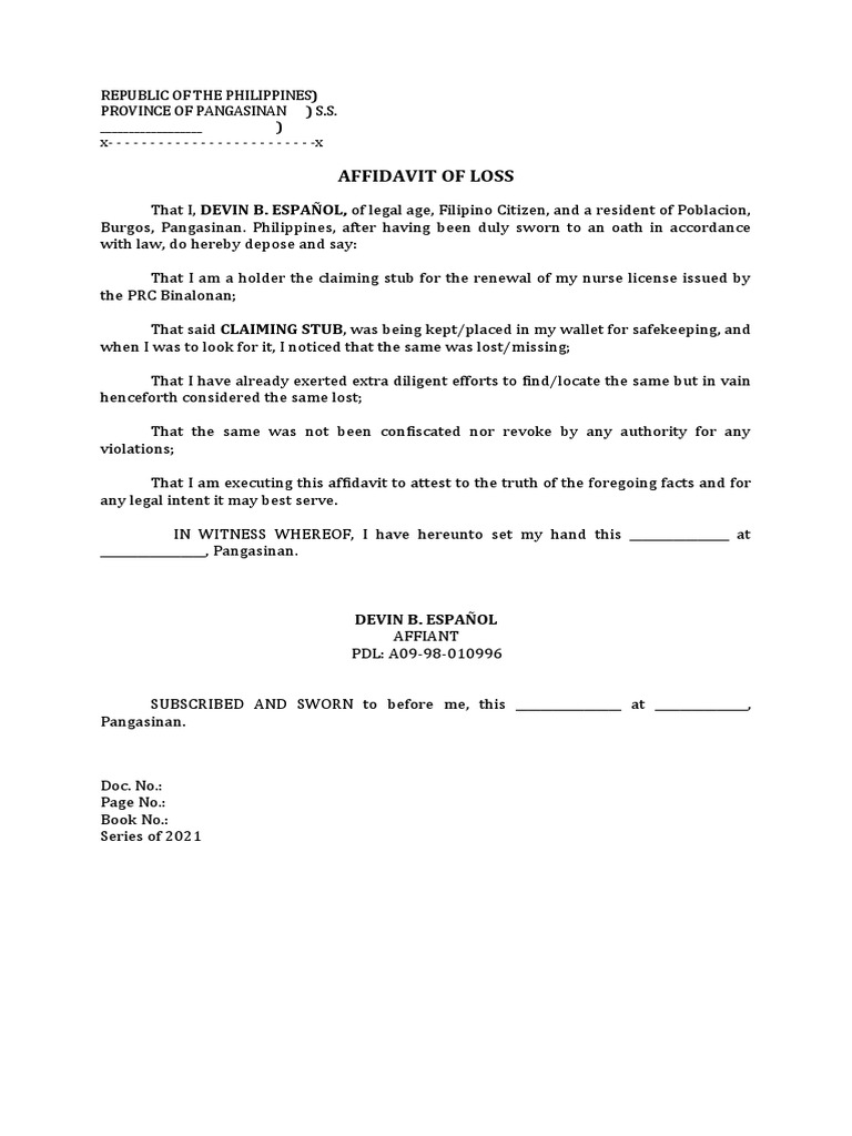 Affidavit of Loss for Nurse License | PDF | Social Science | Law