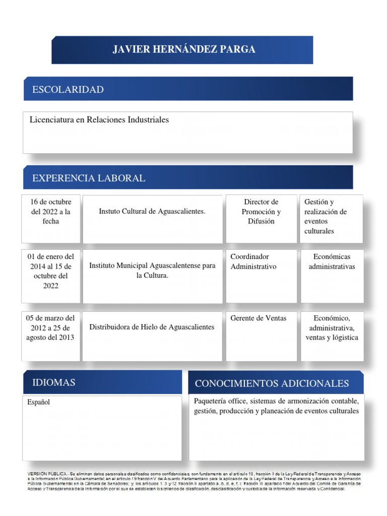Formato Curriculum Versión Publica JAVIER HERNÁNDEZ PARGA | PDF