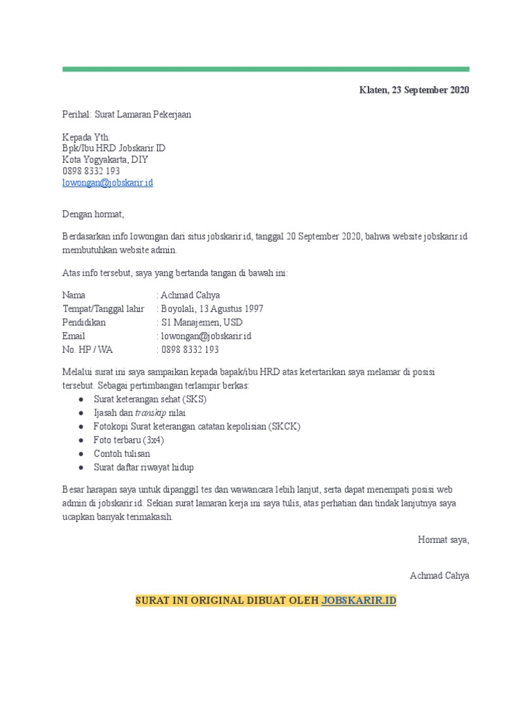 Contoh Surat Lamaran Kerja Indonesia | PDF