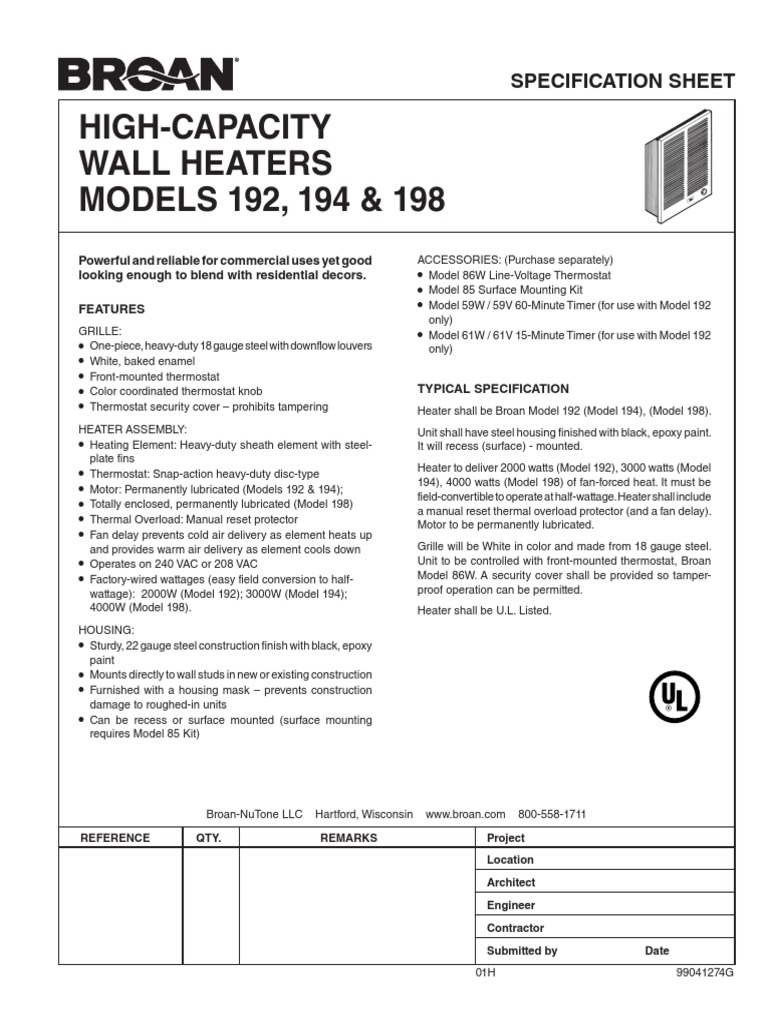 High-Capacity Wall Heaters MODELS 192, 194 & 198: Specification Sheet ...