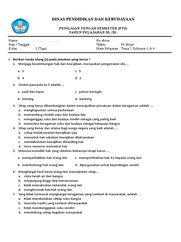 Soal PTS Kelas 3 Tema 2 Sub 3&4 - (WWW - Kherysuryawan.id) .Doc - Google Dokumen | PDF