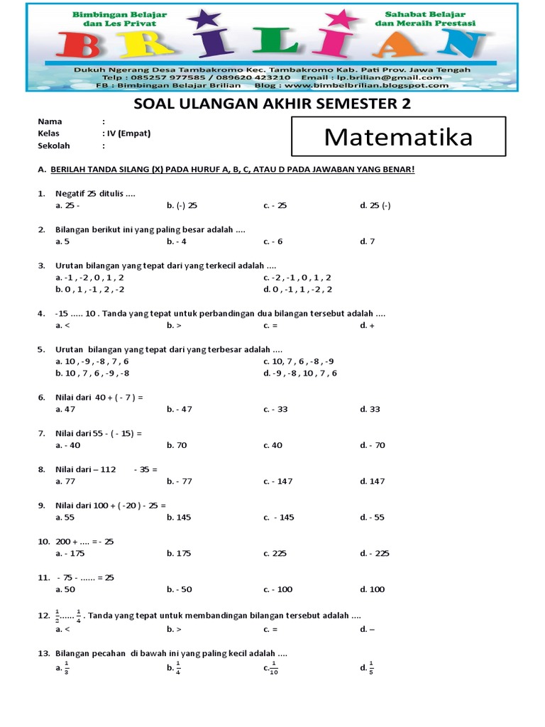 Soal UAS Matematika Kelas 4 SD Semester 2 Dan Kunci Jawaban (Salinan) | PDF