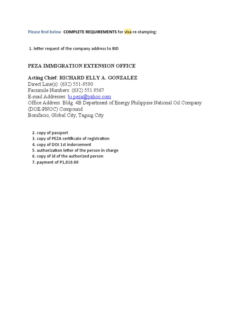 PEZA Visa Re-Stamping Requirements | PDF
