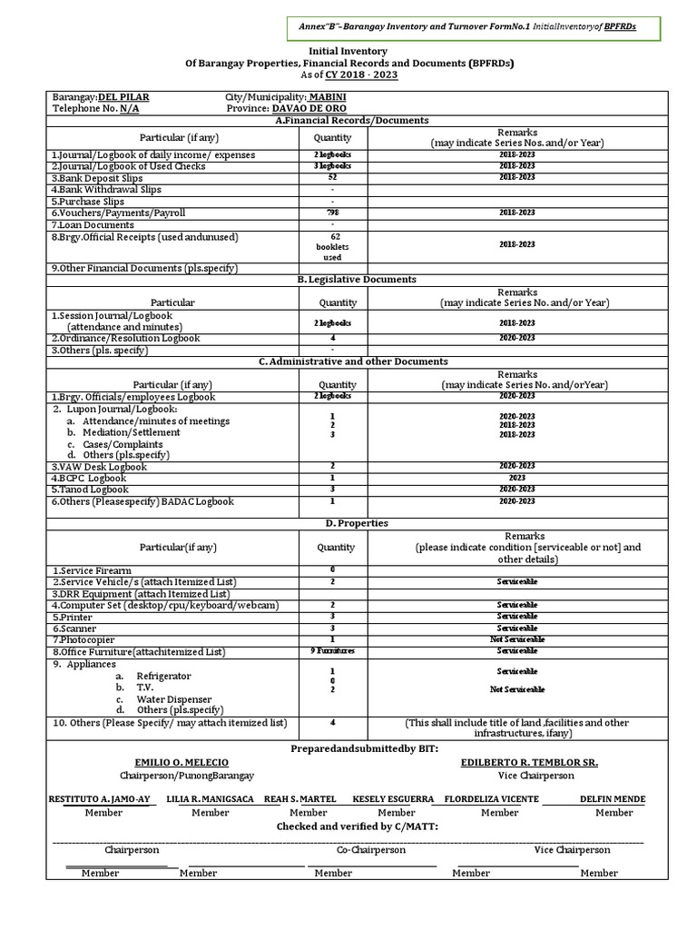 Barangay Inventory and Turnover Form No. 1 | PDF | Personal Finance ...