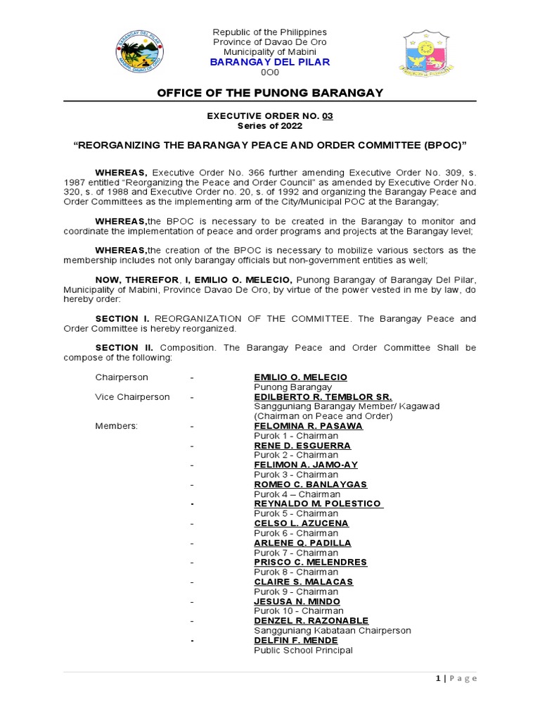 Executive Order No. 03 - Bpoc | PDF | Government | Justice