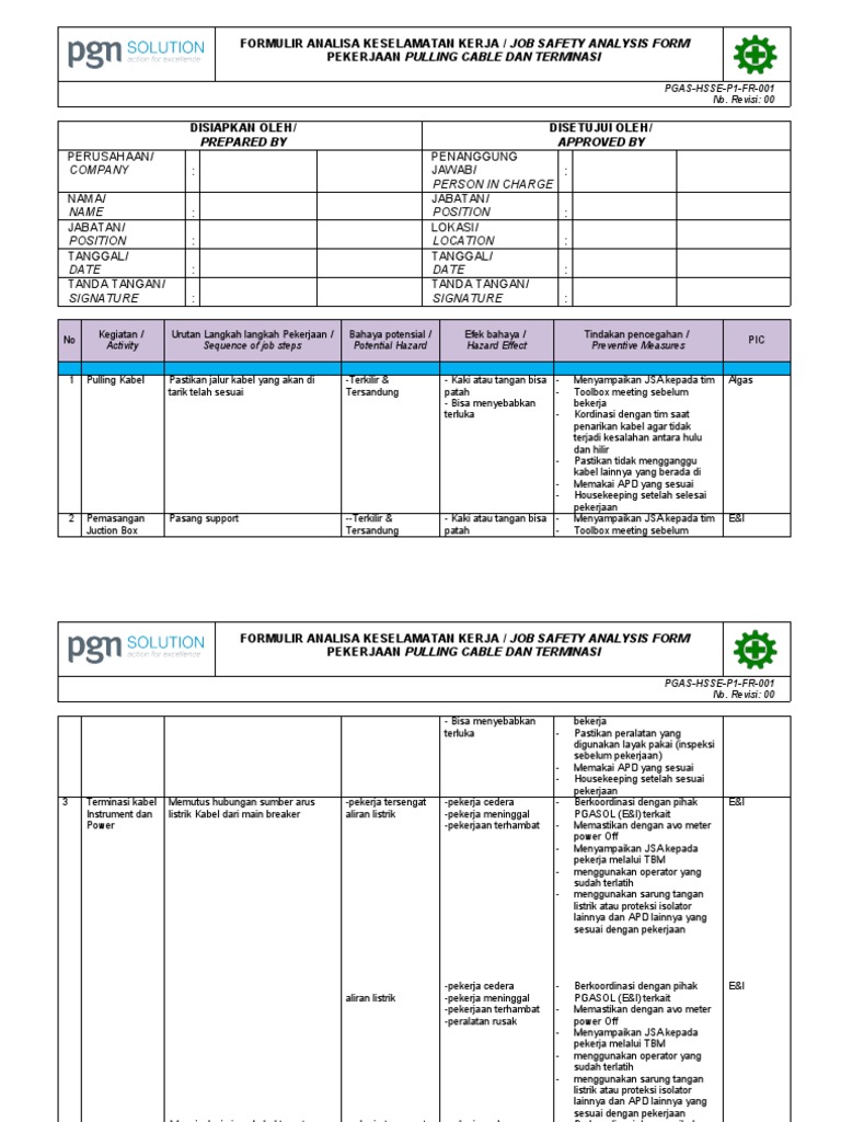 JSA Pulling Cable Dan Terminasi ALGAS | PDF
