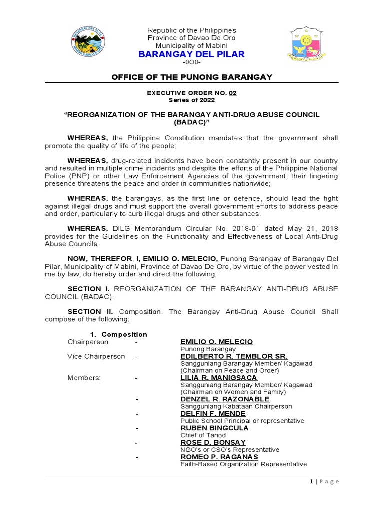 Executive Order No. 02 - Badac | PDF | Substance Abuse | Prohibition Of ...