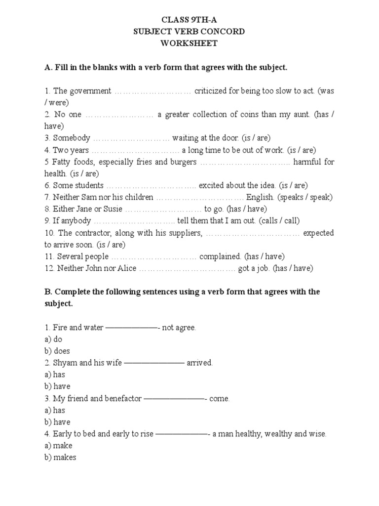 Class 9 Subject-Verb Agreement Worksheet | PDF