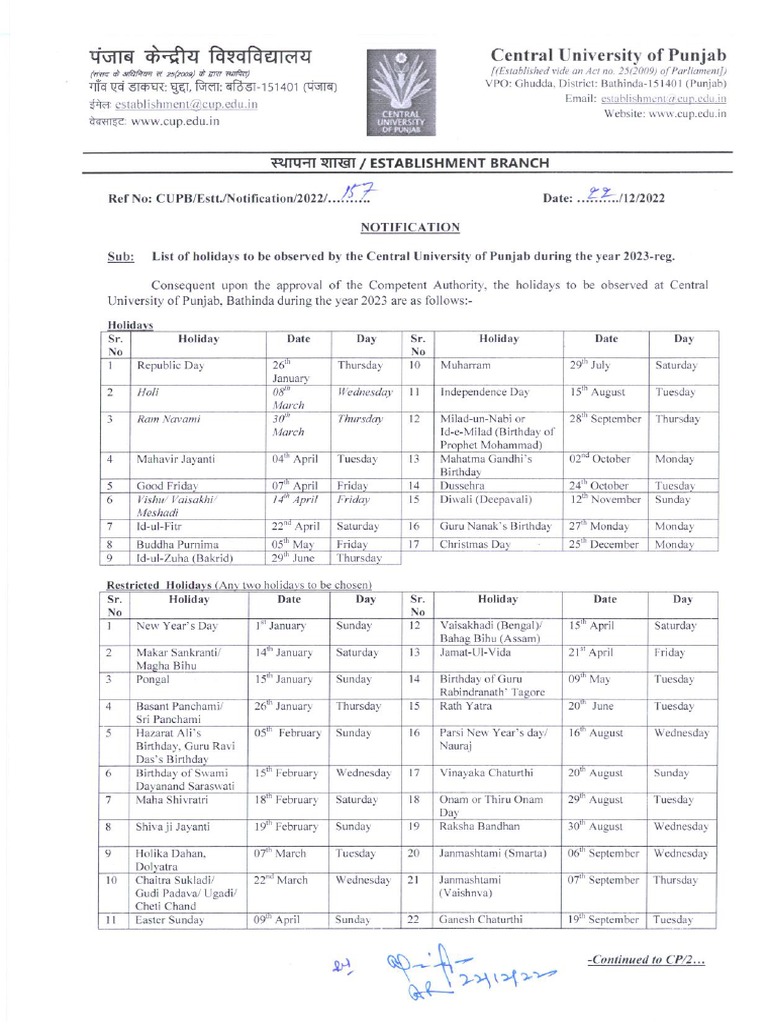 List of Holidays For Year 2023 | PDF
