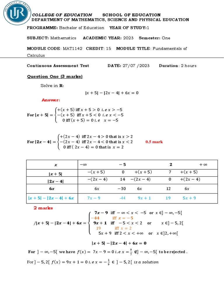 CAT of MAT1142 Y 2023 Marking Guide | PDF | Science | Mathematics