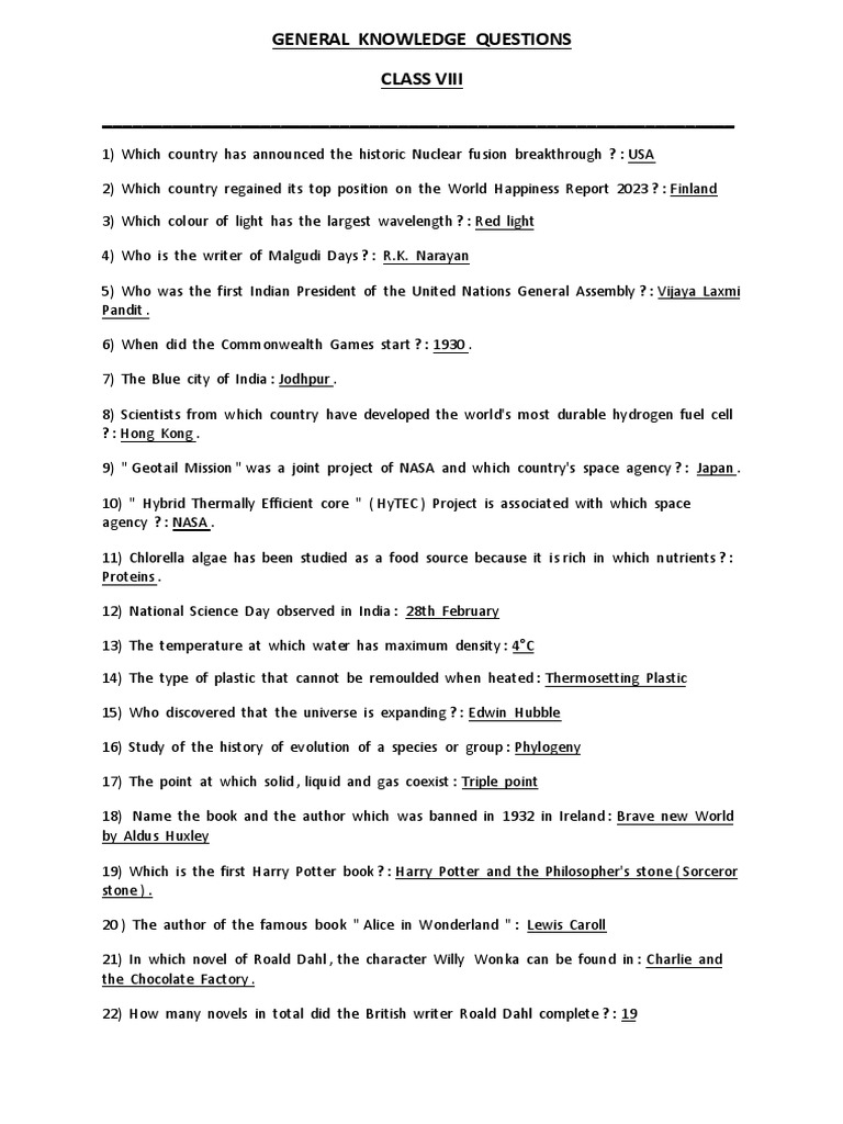 Class 8 G.K. Question | PDF