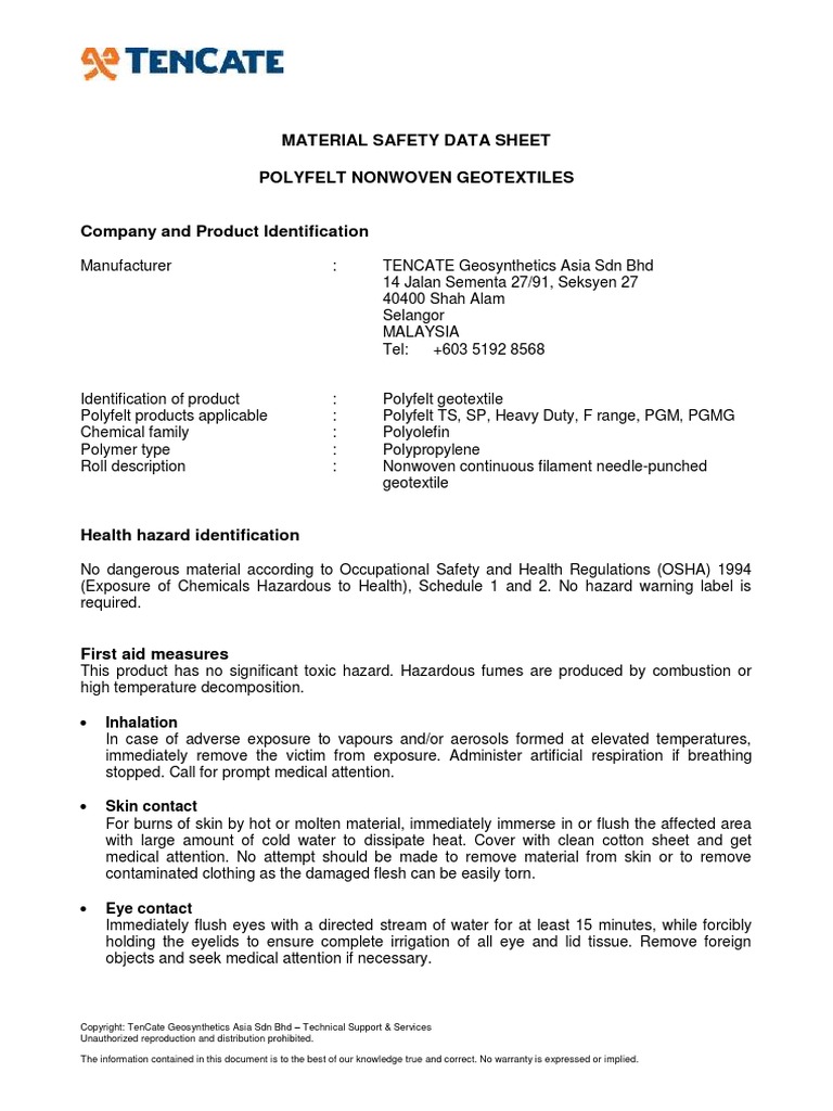 Material Safety Data Sheet - Polyfelt TS Non-Woven | PDF | Fires ...