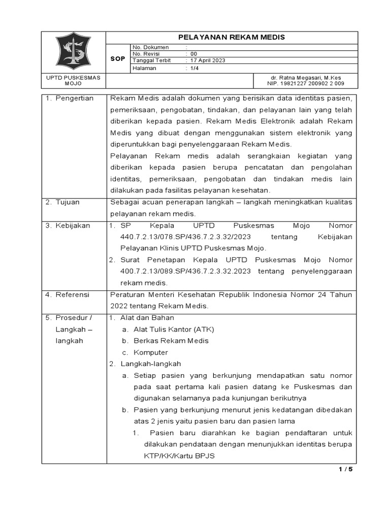 Sop Pelayanan Rekam Medis Revisi 2023 | PDF
