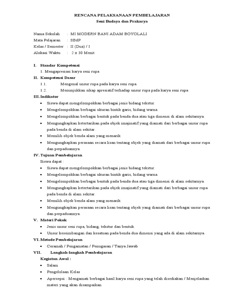 RPP SBDP Kelas 2 SMT 1 | PDF | Seni | Ilmu Sosial