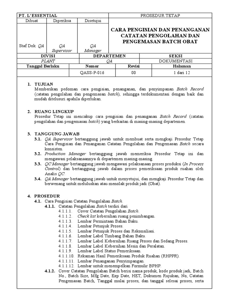 Prosedur Pengisian Batch Record Obat | PDF | Teknologi & Rekayasa