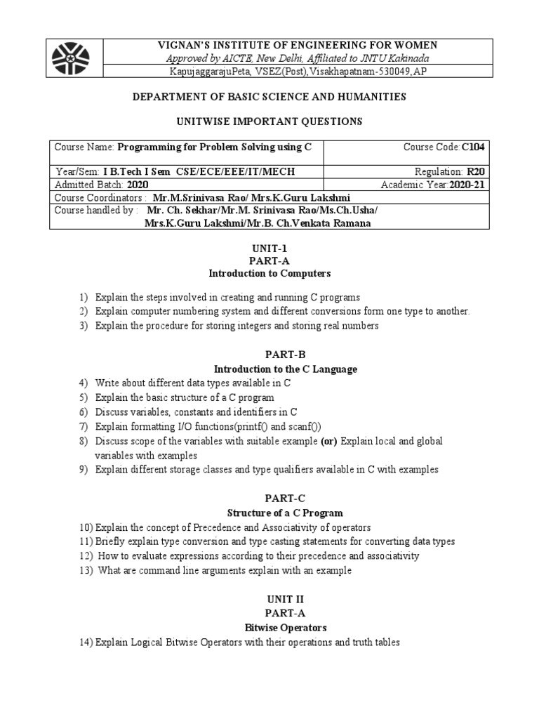R20 PPSC Unit Wise Imp Questions | PDF | Pointer (Computer Programming) | Computer Programming