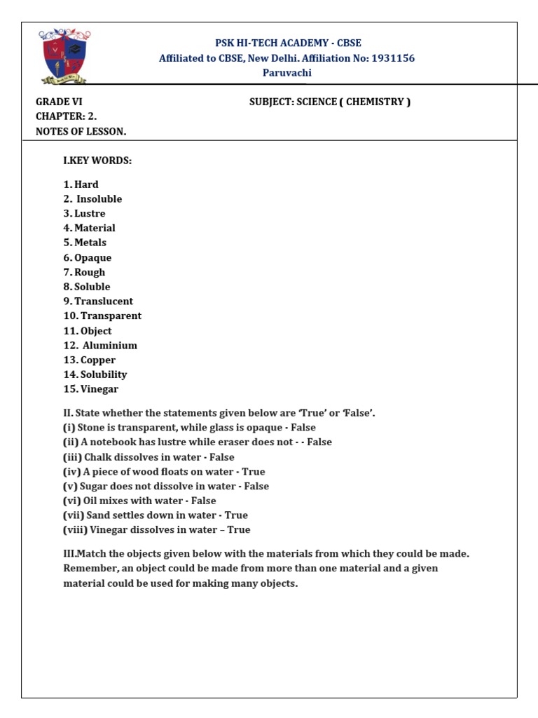 Class 6 Science: Solubility Concepts | PDF | Water | Polystyrene