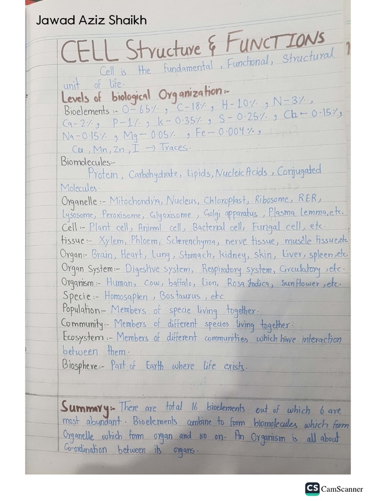 Cell Structure And Function Notes By Jawad Aziz Shaikh Pdf