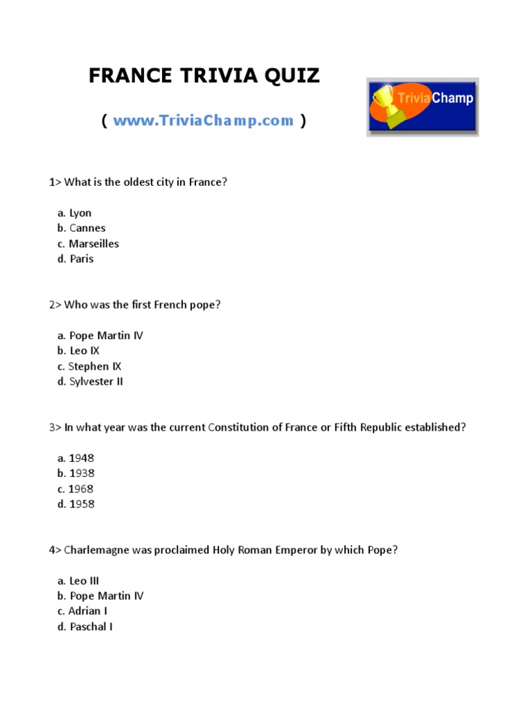 France Trivia Quiz | Download Free PDF | France