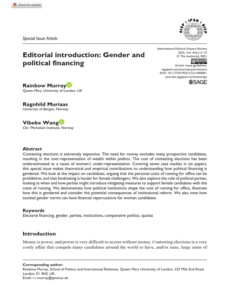 Murray Et Al 2021 Editorial Introduction Gender and Political Financing | PDF | Campaign Finance ...