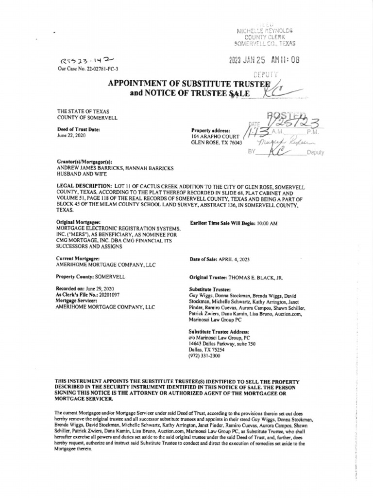 Appt. of Substitute Trustee Notice of Trustee Sale Barricks001 | PDF