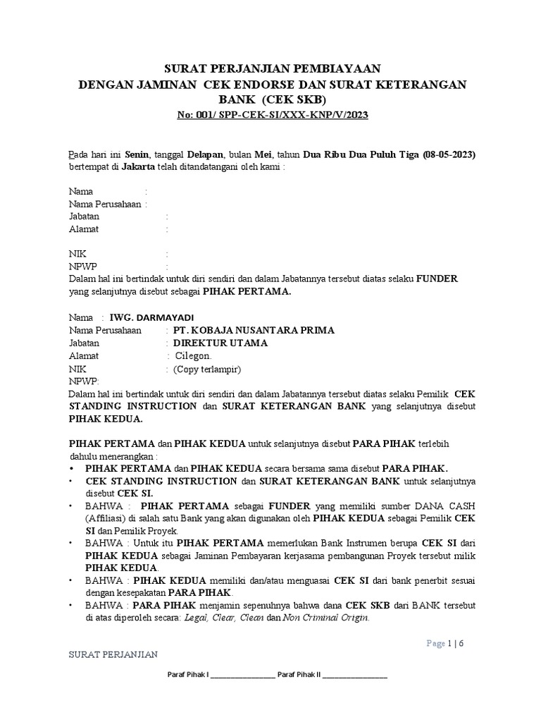 Perjanjian Pembiayaan Cek SI 2023 | PDF | Bisnis | Pengelolaan Keuangan ...