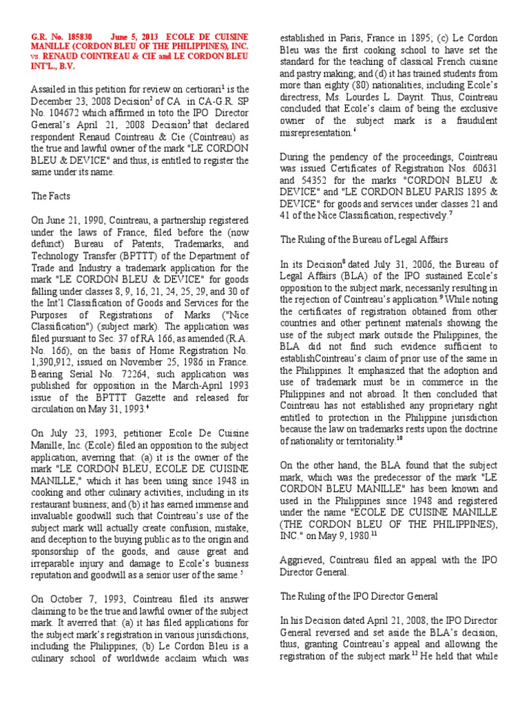 ECOLE DE CUISINE vs. RENAUD COINTREAU (IPL) | PDF | Trademark ...